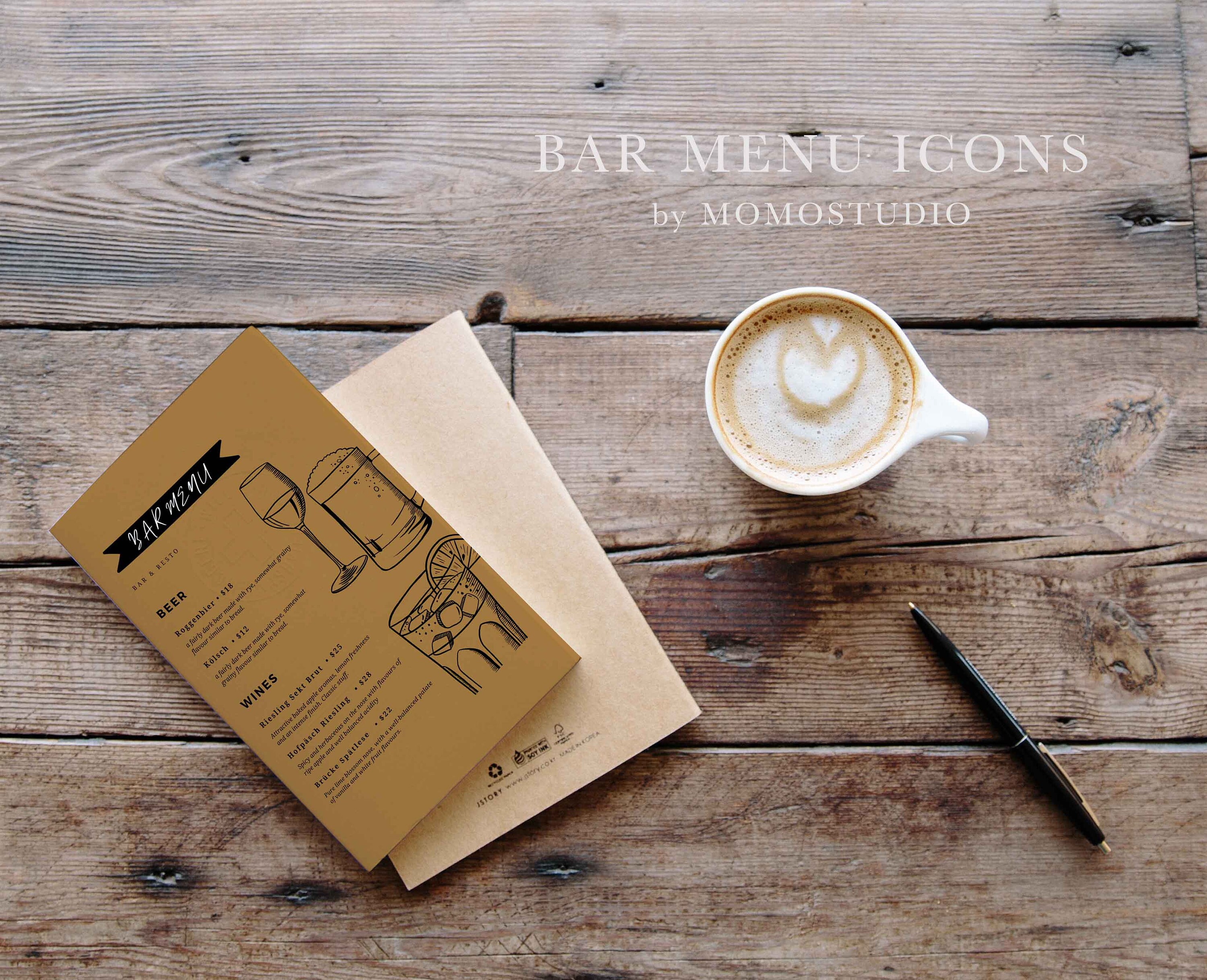 BAR MENU Icons Beer Cocktail Juice Mocktail Spirits Coffee Tea Wedding ...