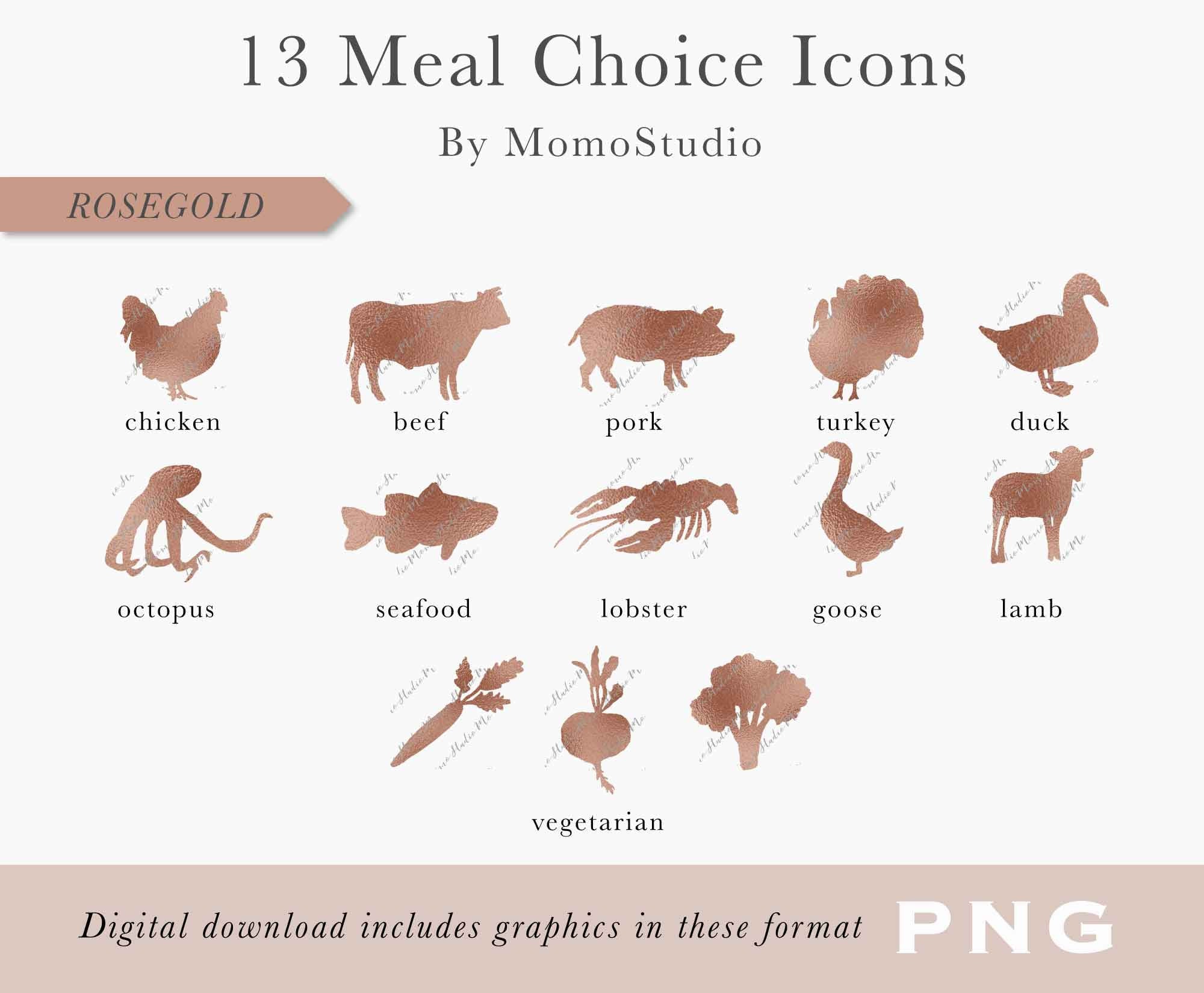 MEAL CHOICE Icons in Rose Gold for RSVP Cards, Place Cards-beef ...