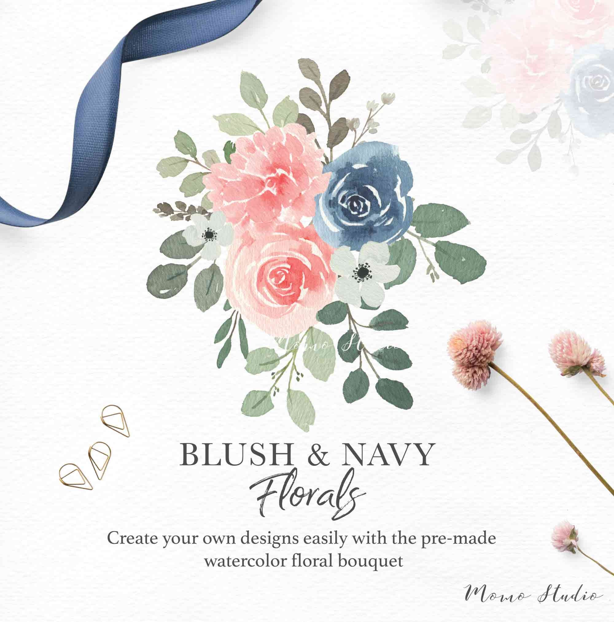 Watercolor BLUSH NAVY Florals Clipart: Spring Greenery Florals | Etsy