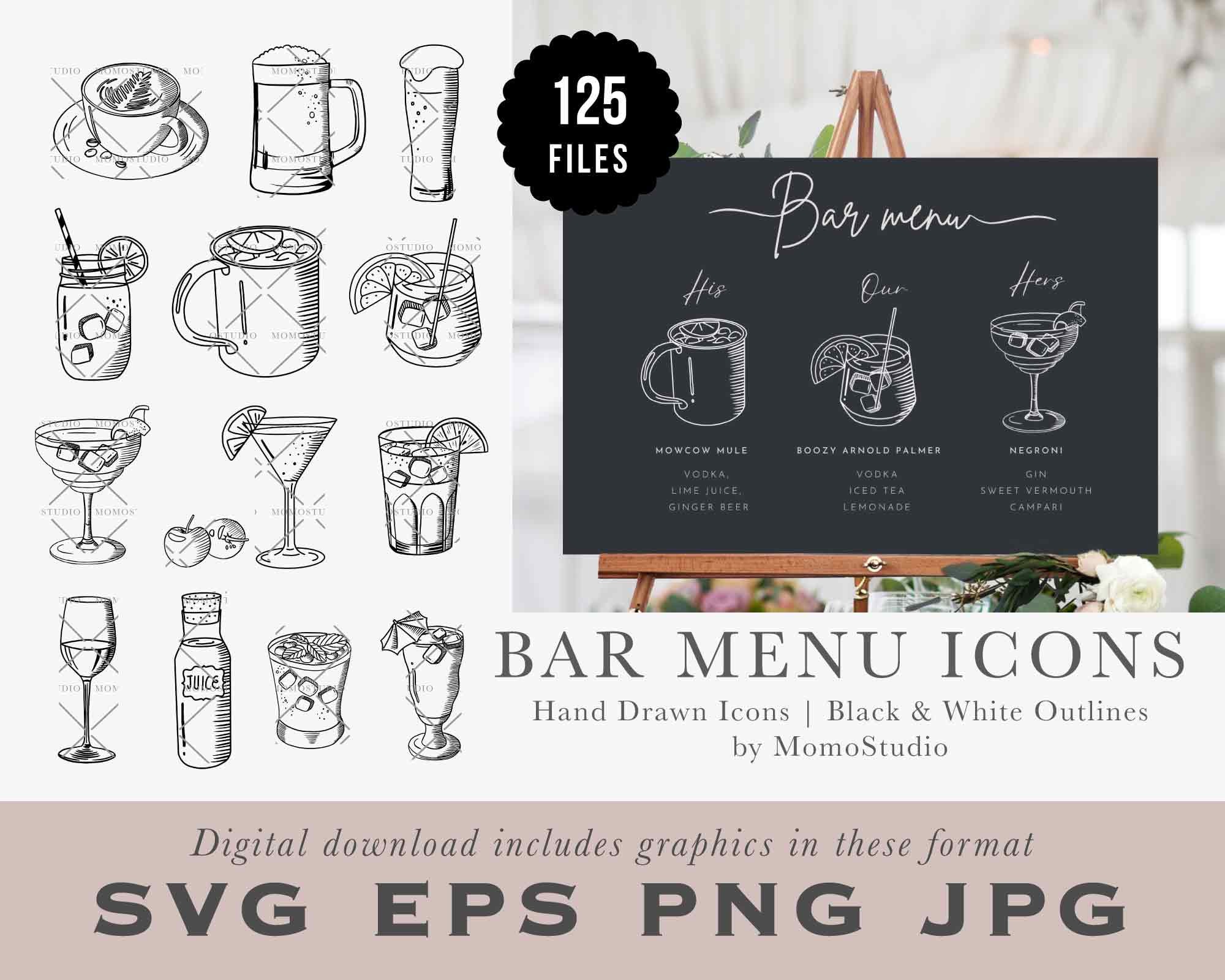 BAR MENU Icons Beer Cocktail Juice Mocktail Spirits Coffee Tea Wedding ...