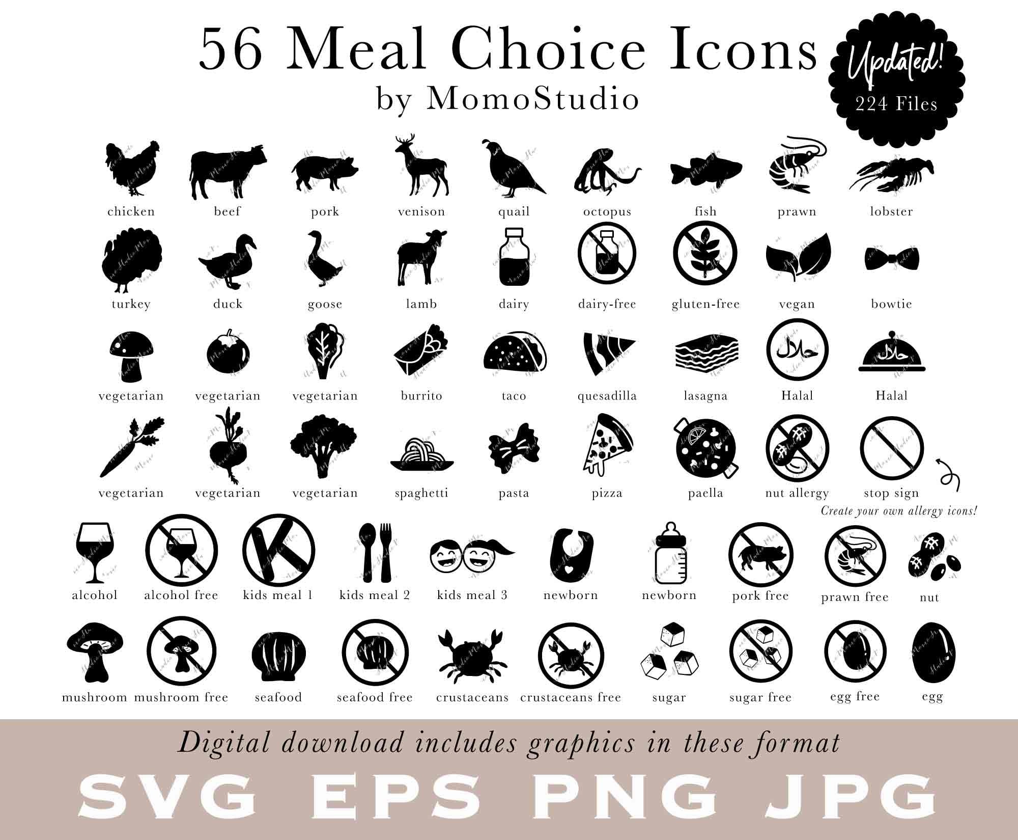 Meal Choice Icons in SVG EPS PNG Jpg - Beef, Vegetarian, Vegan, Gluten ...
