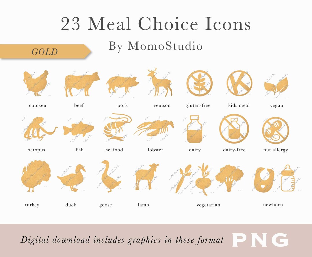 MEAL CHOICE Icons in Gold: Beef, Vegetarian, Pork, Venison, Vegan ...