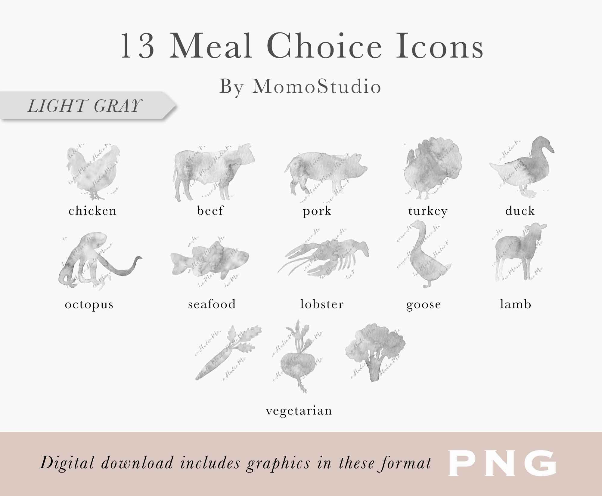 Watercolor MEAL CHOICE Icons for RSVP Cards Place Cards Beef Vegetables ...
