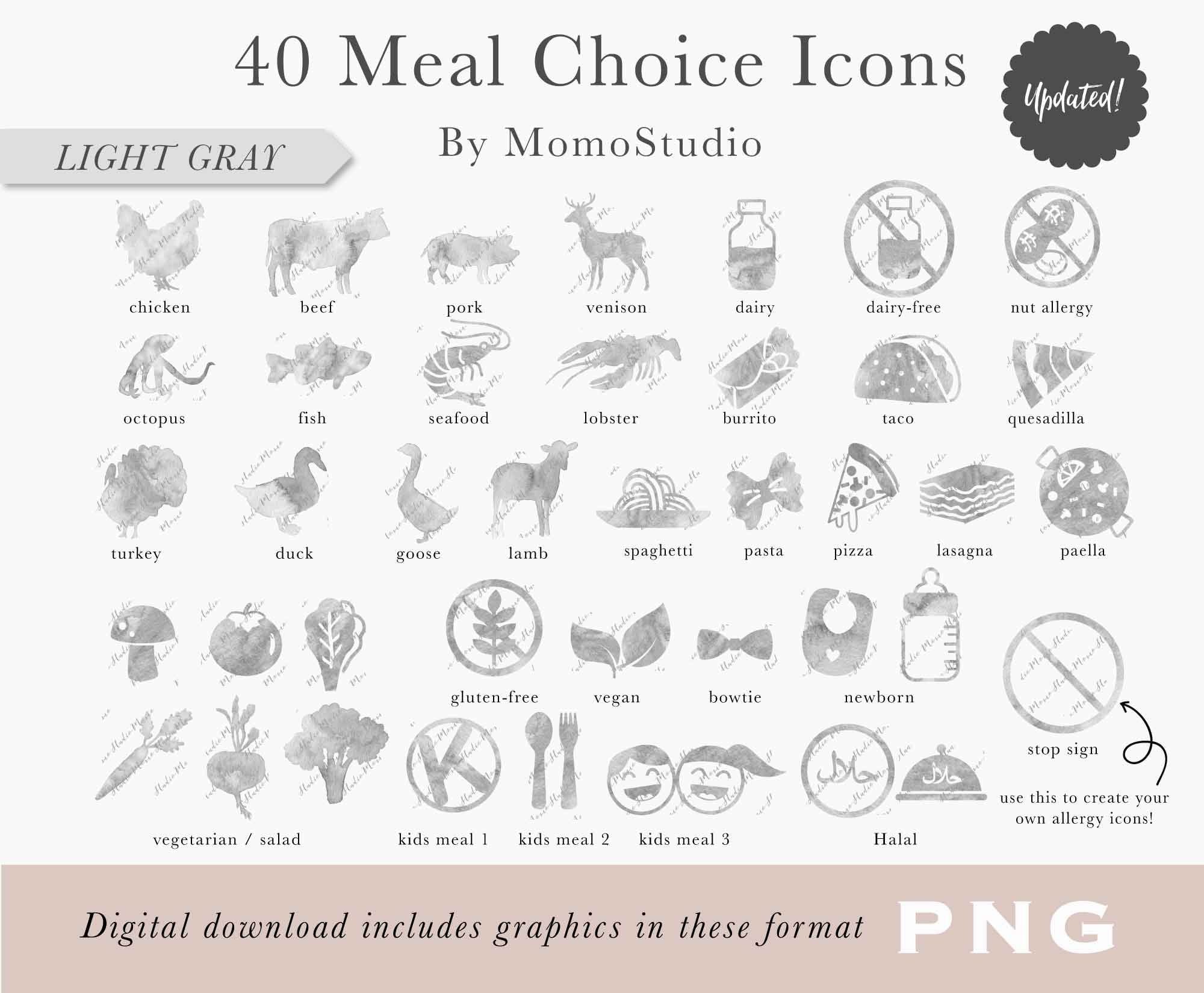 Watercolor MEAL CHOICE Icons: Beef, Vegetarian, Vegan, Gluten-free ...