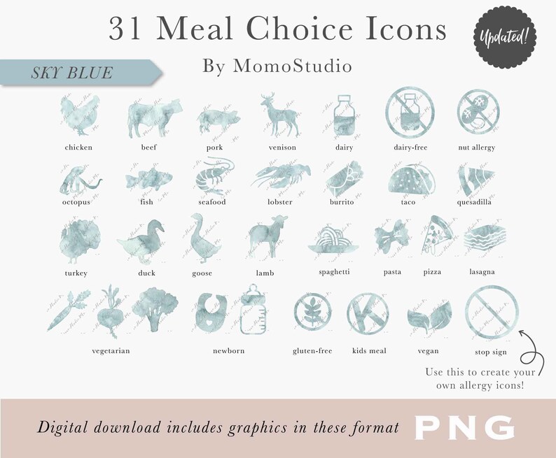 Watercolor MEAL CHOICE Icons: Beef, Vegetarian, Vegan, Gluten-free ...