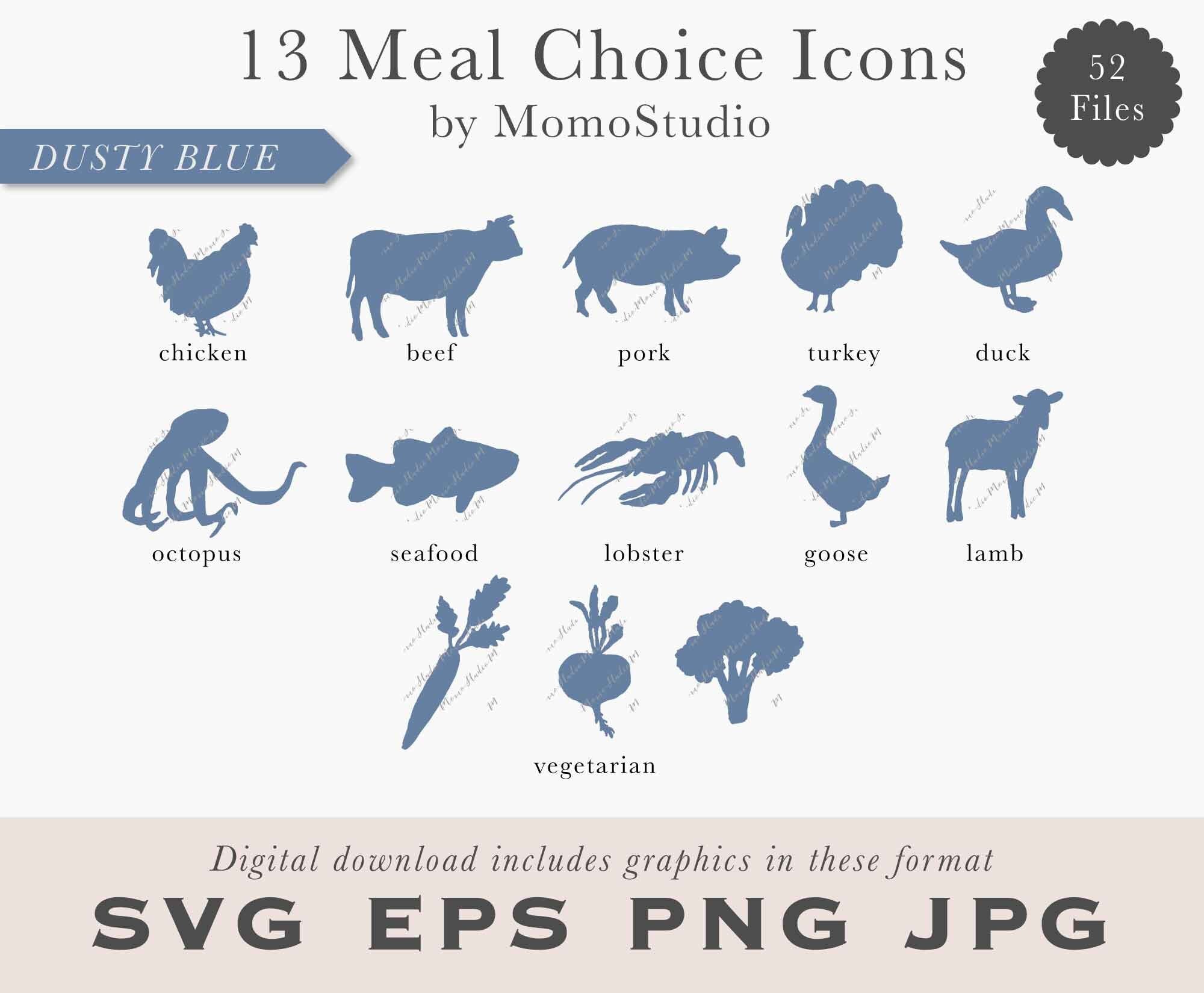 MEAL CHOICE Icons for RSVP Card, Place Card Beef, Vegetarian, Fish ...