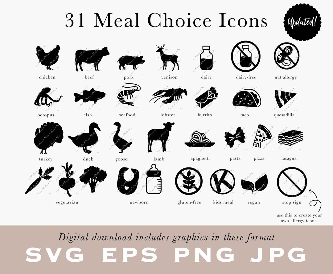 Meal Choice Icons in SVG EPS PNG Jpg - Beef, Vegetarian, Vegan, Gluten ...