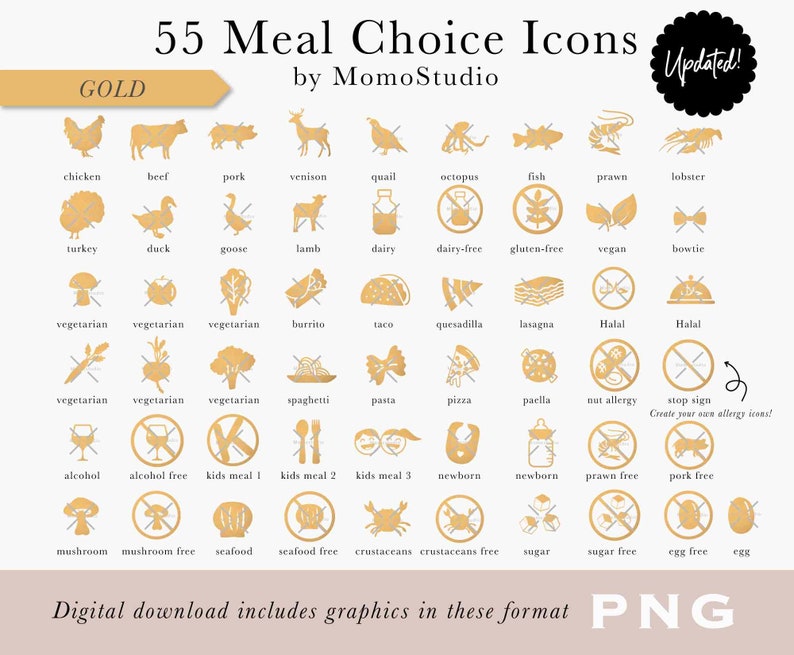 MEAL CHOICE Icon in Gold Beef Vegetarian Vegan Gluten-free Dairy-free ...