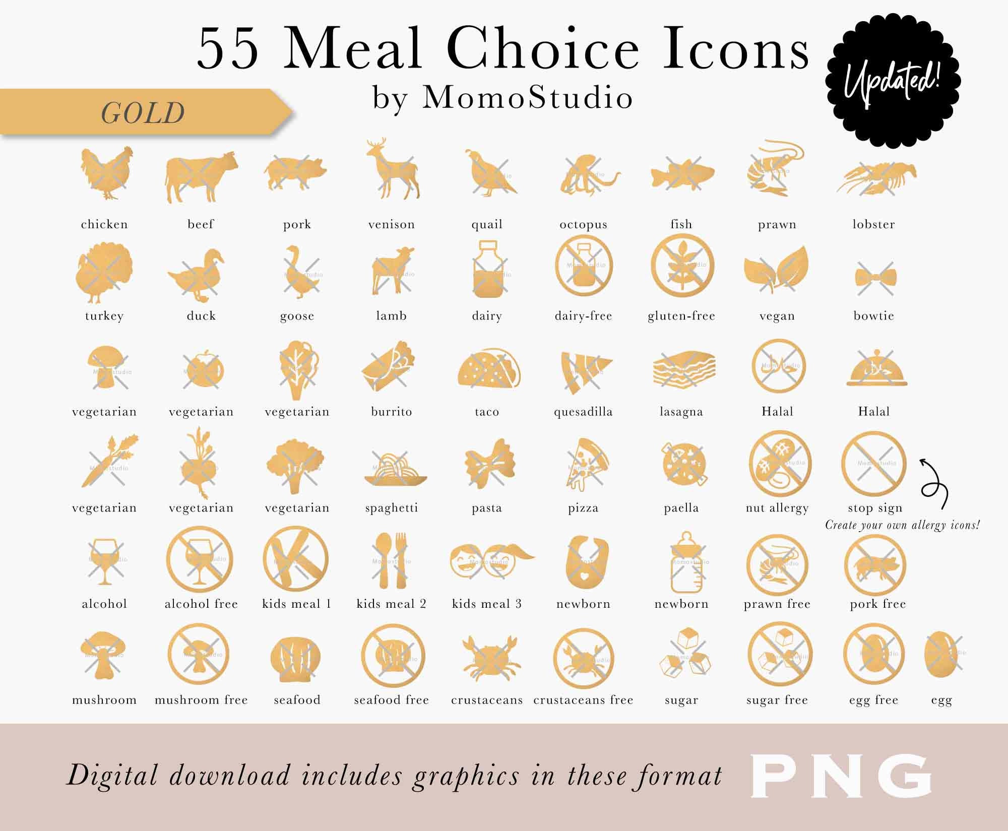 MEAL CHOICE Icon in Gold Beef Vegetarian Vegan Gluten-free Dairy-free ...