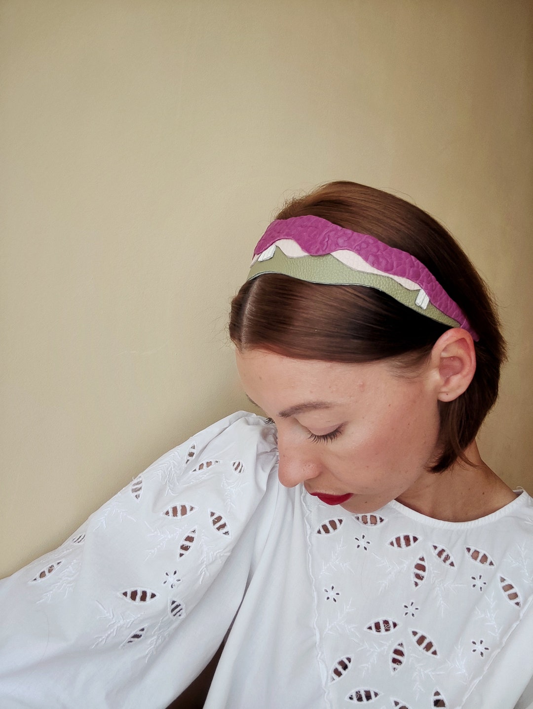 Leather Wavy Headband/ Olive Green and Purple Hairband / Pastel ...