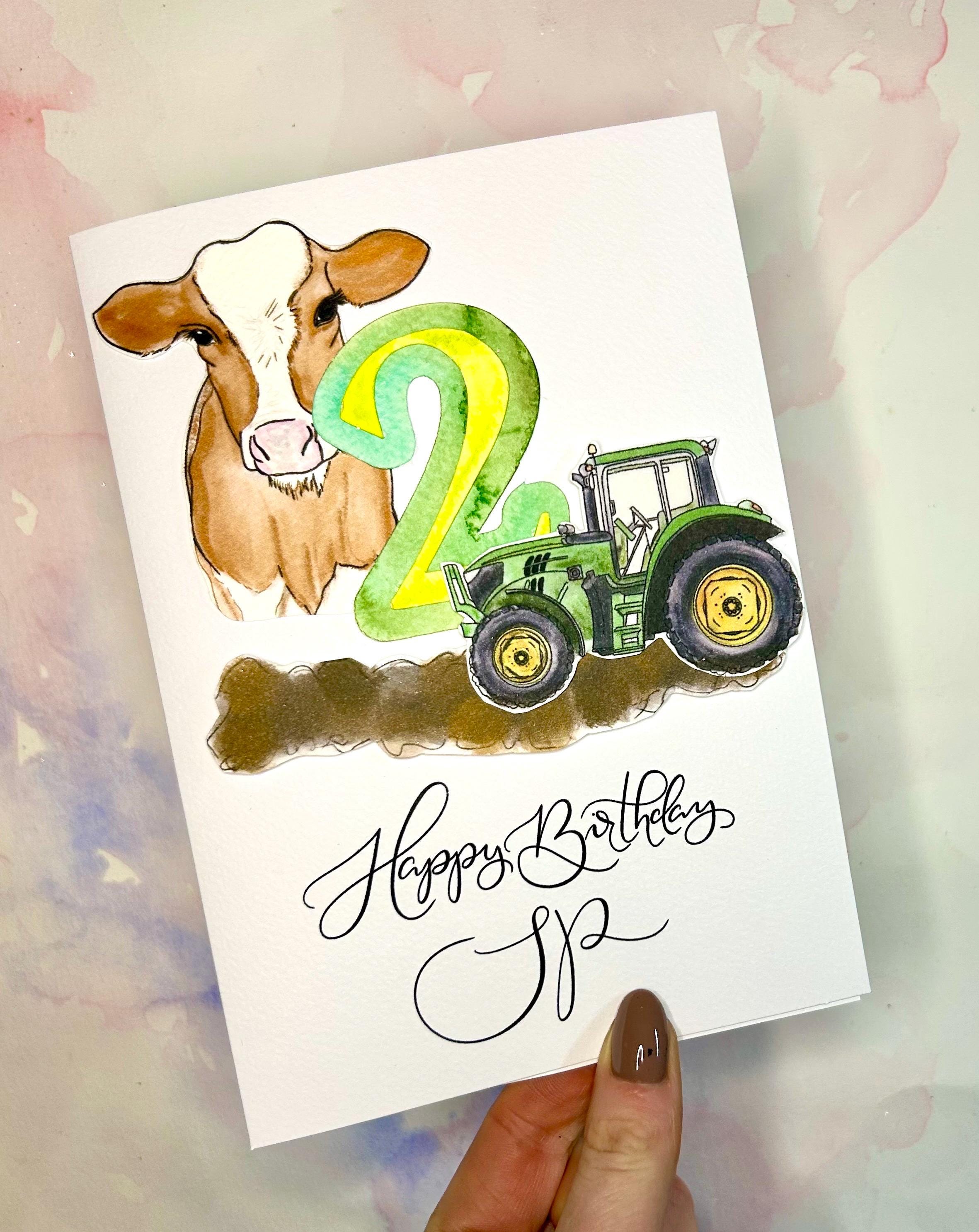 Personalized Tractor Birthday Card, Hand-drawn Cow, Calligraphy - Etsy