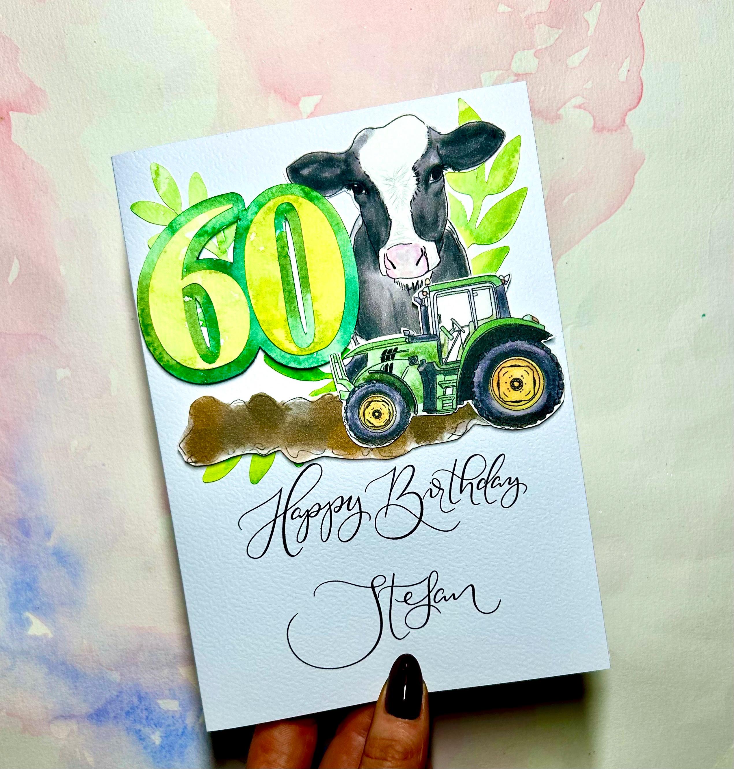 Personalized Tractor Birthday Card, Hand-drawn Cow, Calligraphy - Etsy
