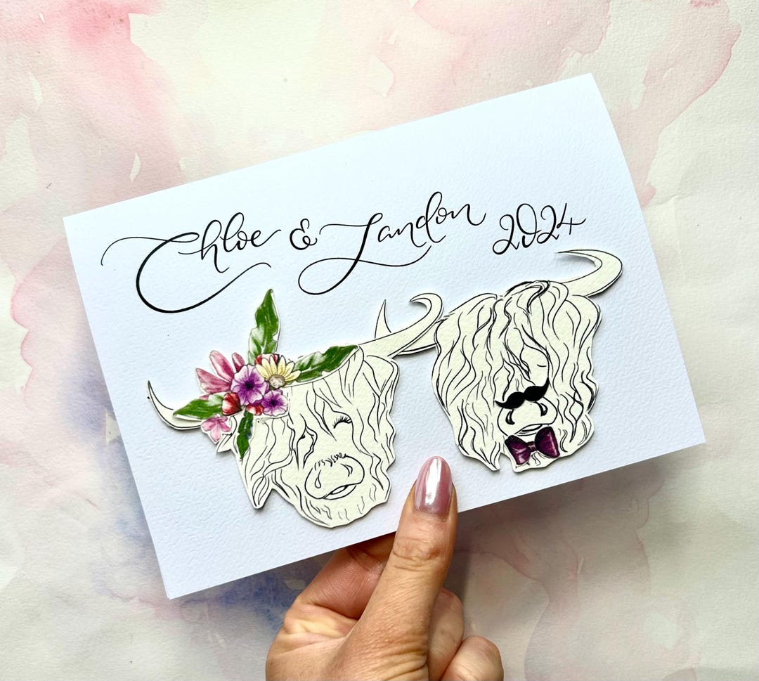 Highland Cow Wedding Card Illustration | Farm Themed | Personalised ...
