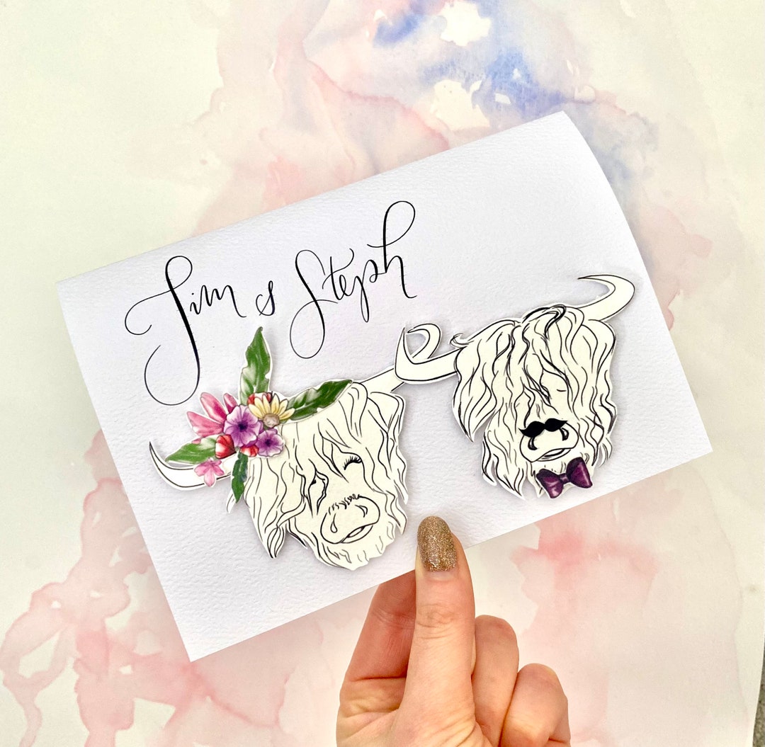 Highland Cow Wedding Card Illustration Farm Themed Personalised ...