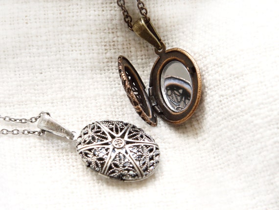 Mirror Mini Filigree Oval Locket Necklace Locket Necklace - Etsy
