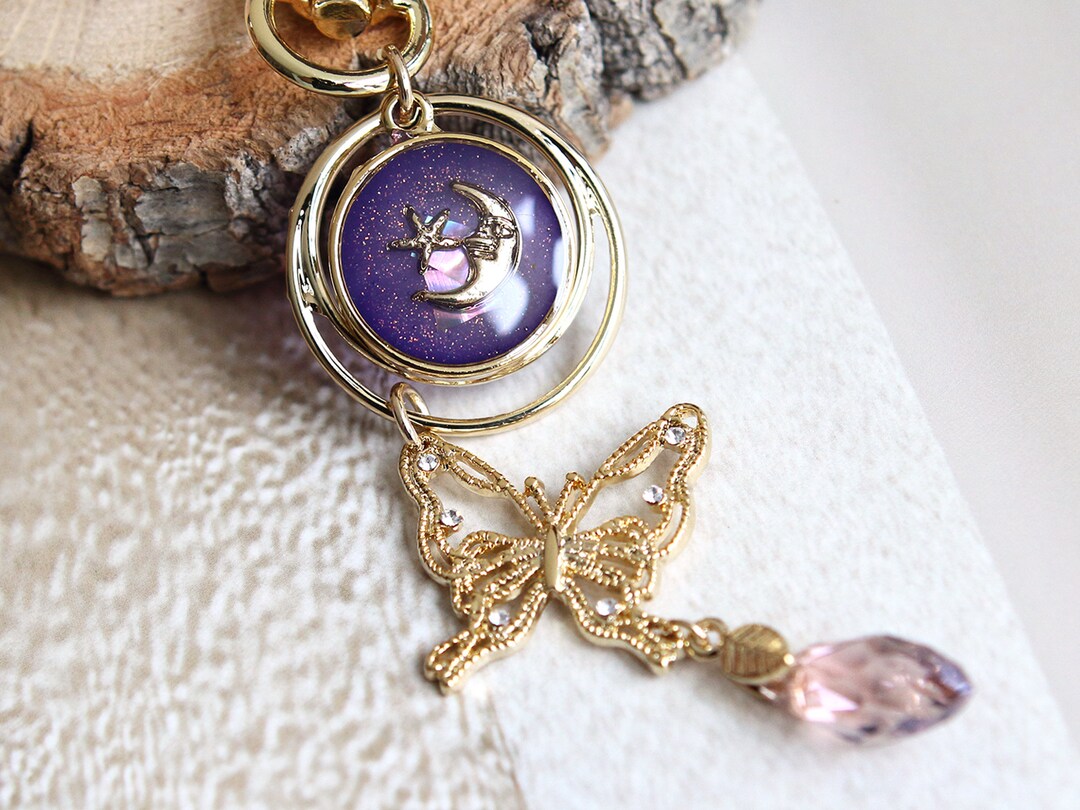 Butterfly and Gold Crescent Moon Key Chain Moon and Star, Leaf and ...