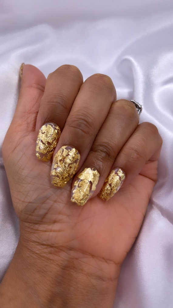20 Piece Encapsulated Gold Foil Luxury Gel Press on Nail Set - Etsy