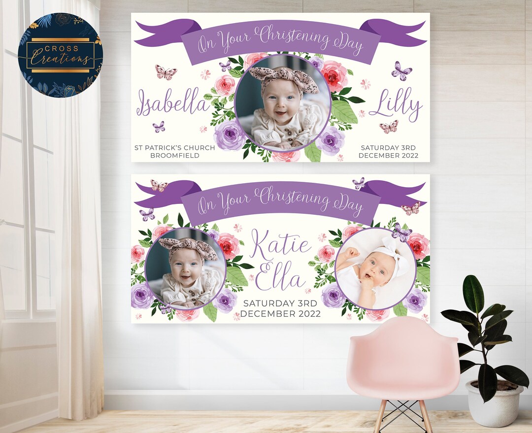Personalised Purple Christening Banner, Custom Banner, Baptism Banner ...