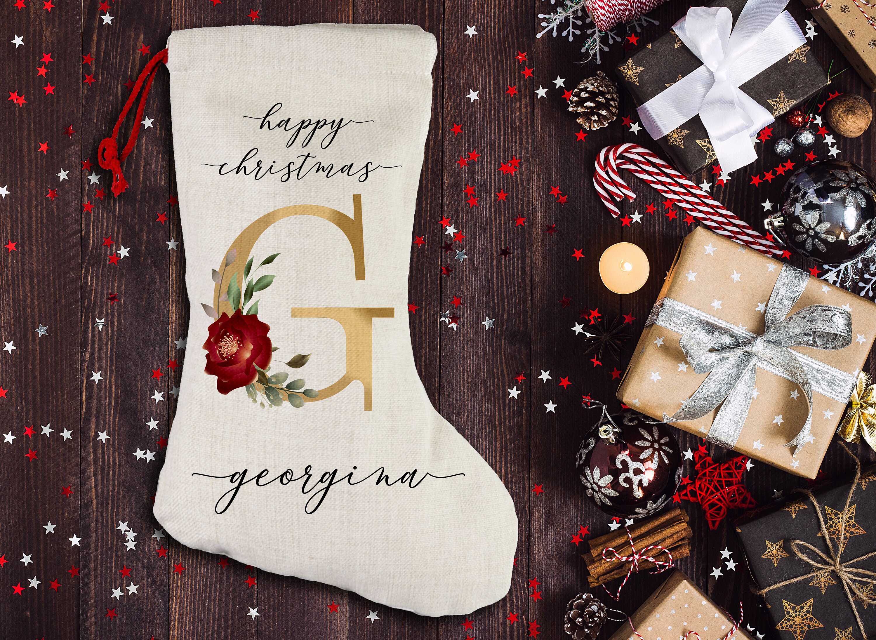 Gold Floral Initial Santa Sack Stocking Personalised - Etsy UK