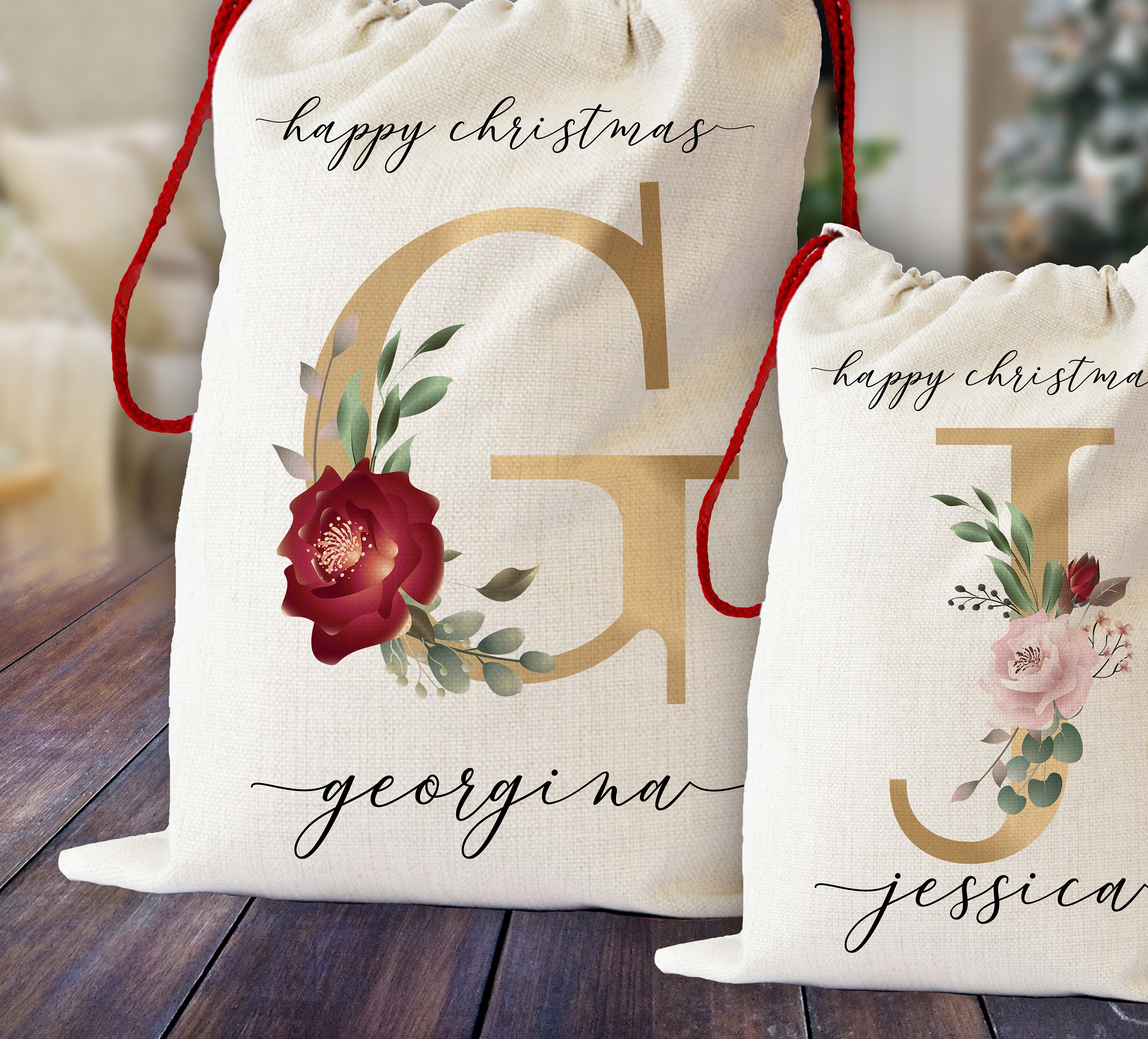 Gold Floral Initial Santa Sack Stocking Personalised - Etsy UK