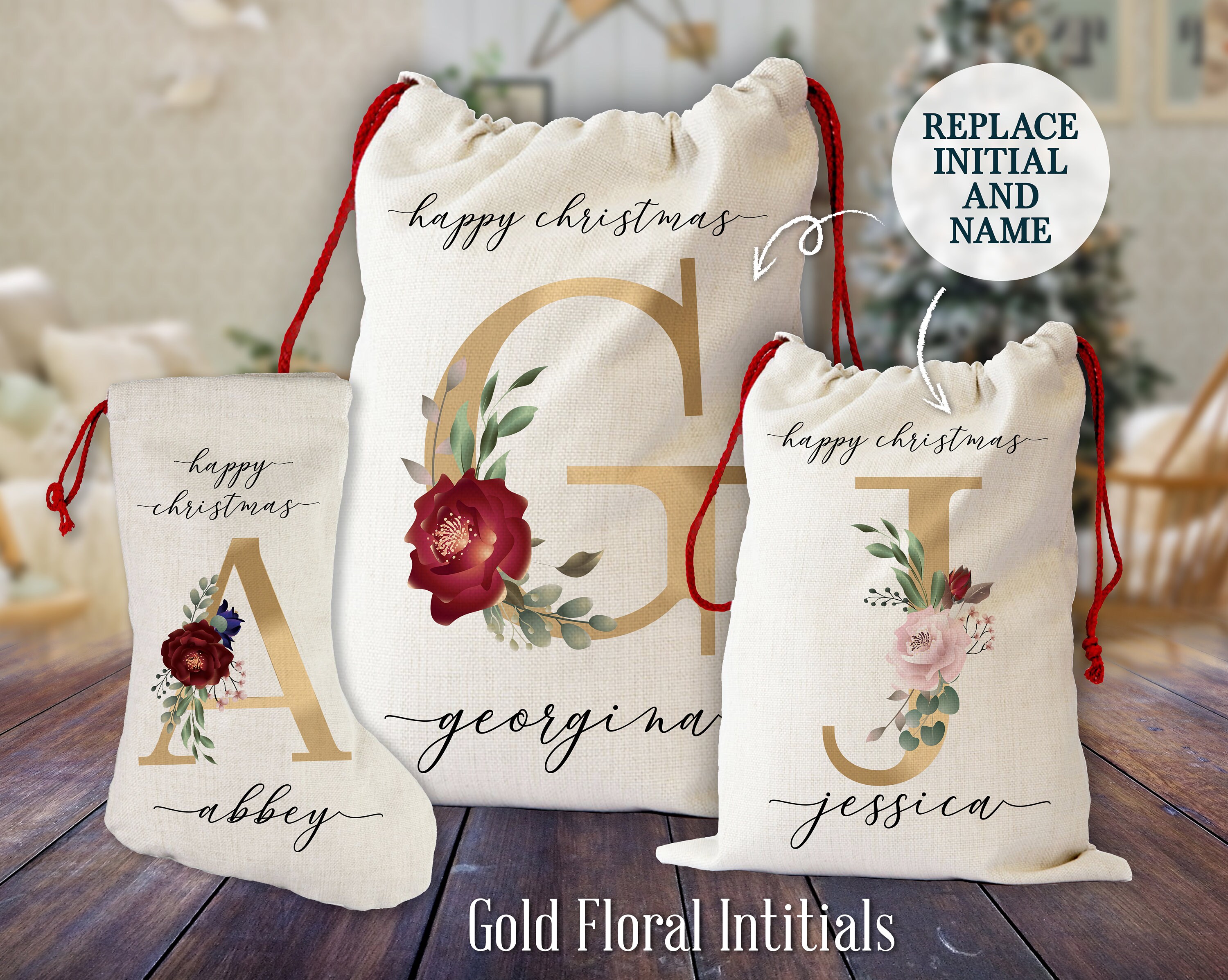Gold Floral Initial Santa Sack Stocking Personalised - Etsy UK