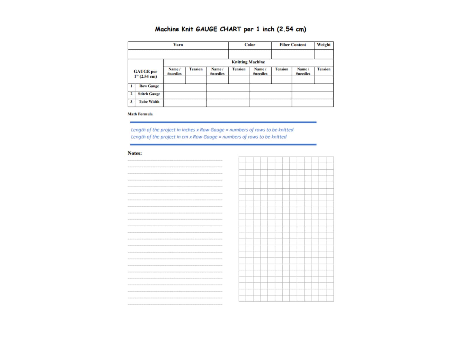 Printable Machine Knit Gauge Chart, Knitting Gauge Chart Instant ...
