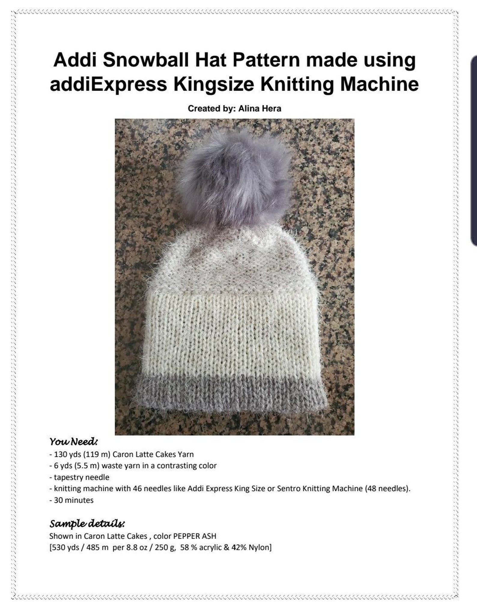 Addi Snowball Hat PDF Machine-knitting PATTERN / Sentro Machine Knit ...
