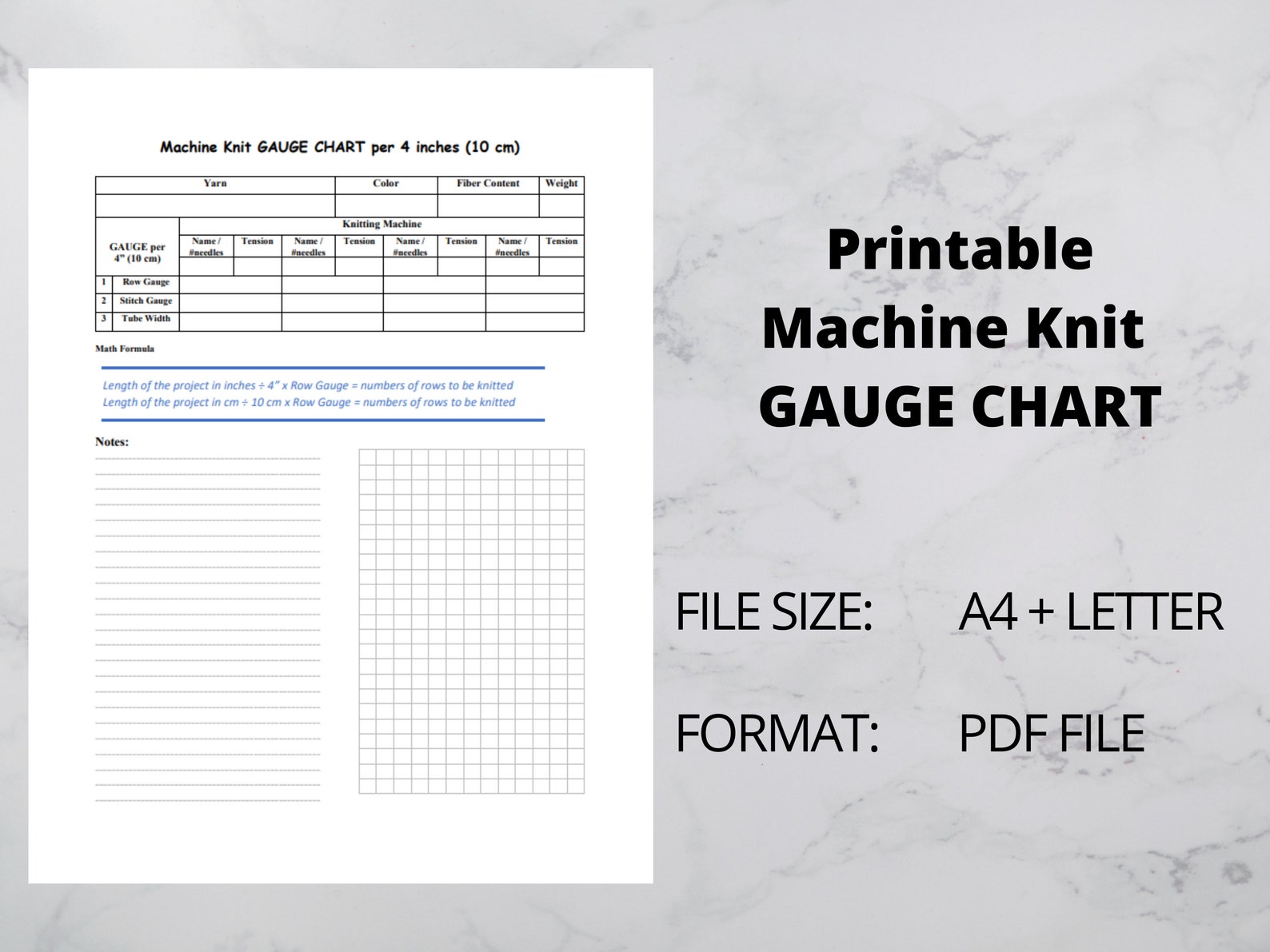 Printable Machine Knit Gauge Chart, Knitting Gauge Chart Instant ...