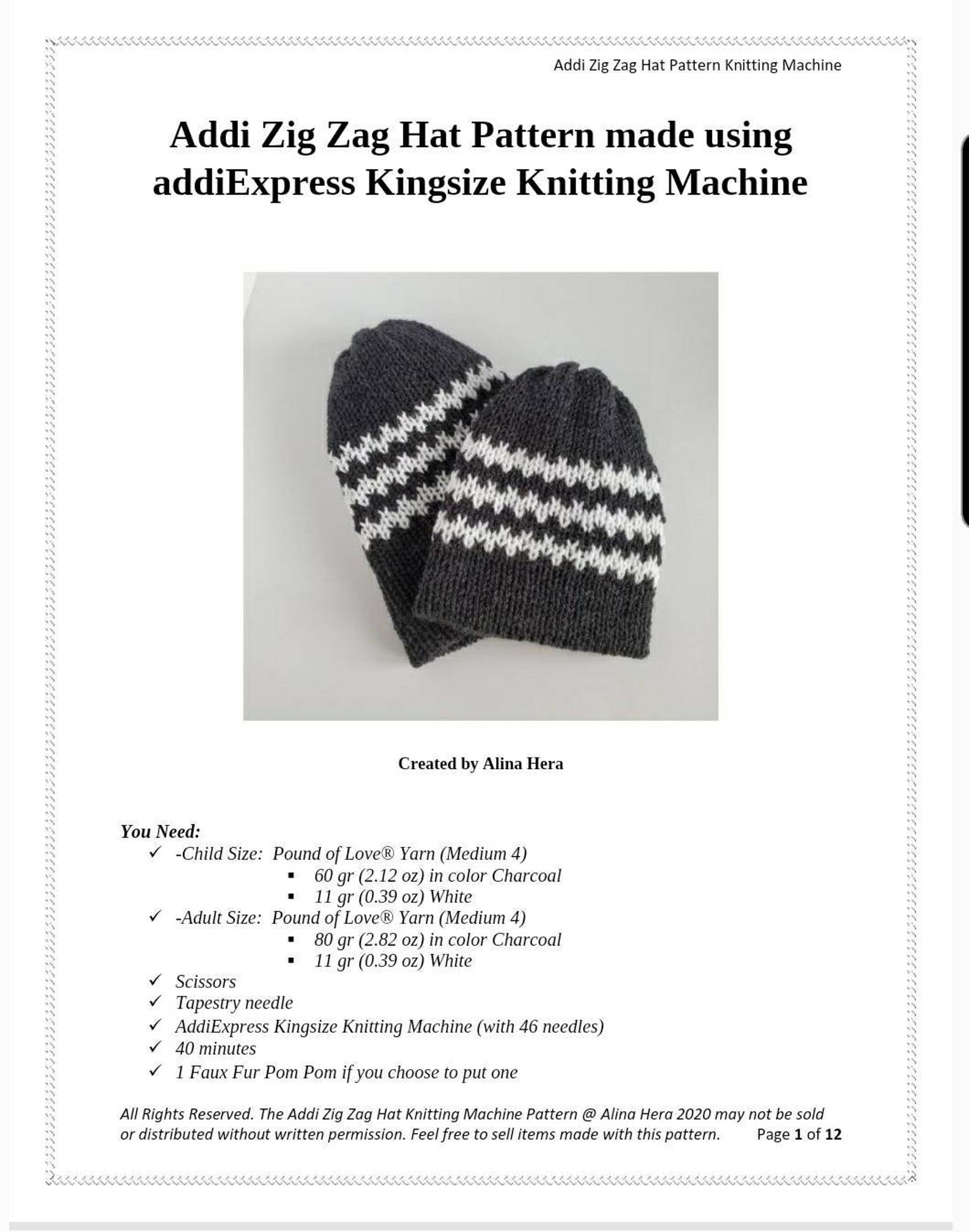 Addi Zig Zag Hat PDF Machine-knitting PATTERN | Child and Adult Hat ...