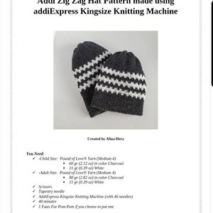 Addi Zig Zag Hat PDF Machine-knitting PATTERN | Child and Adult Hat Sentro Machine Knit Pattern ...