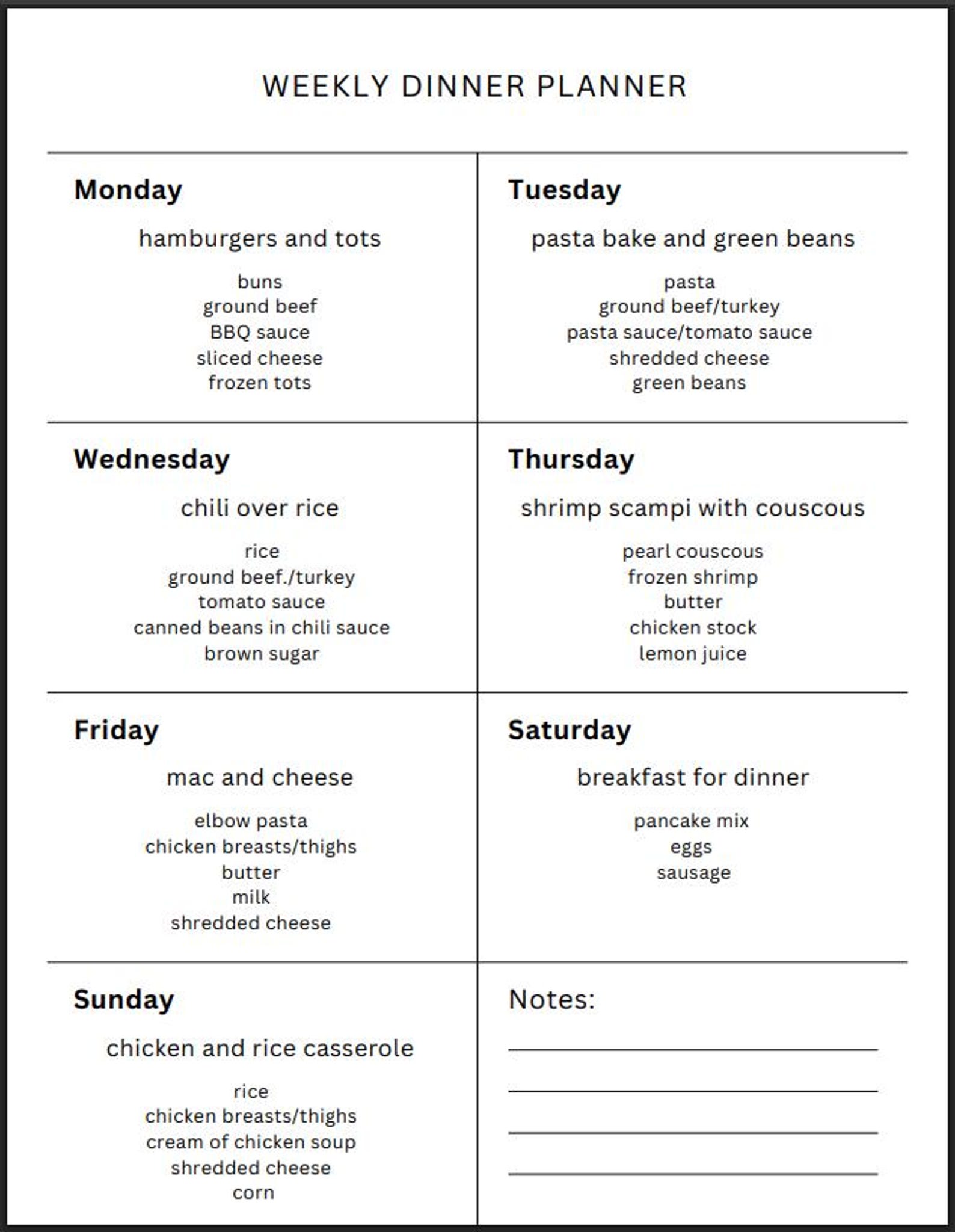 Dinner Menu, Weekly Meal Plan, Grocery List, Digital Download PDF, Week ...