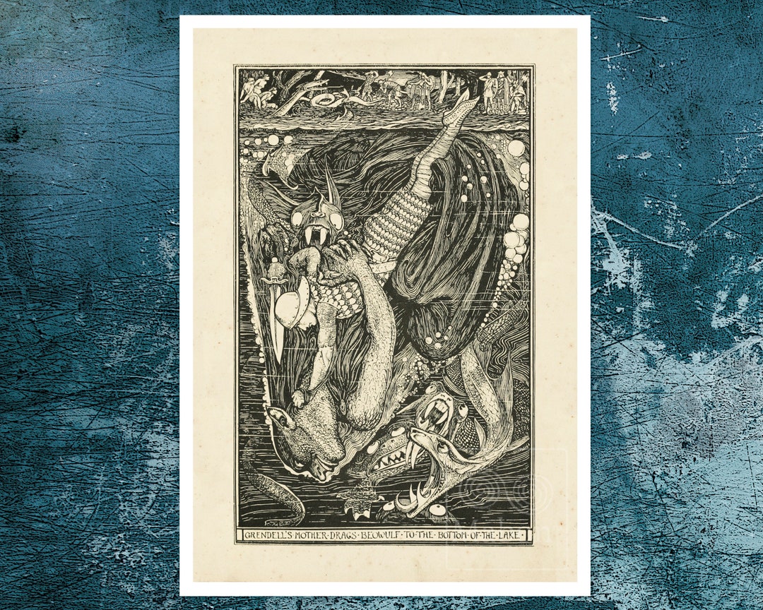 Vintage Book Illustration "beowulf Battles With Grendels Mother" by H.J ...