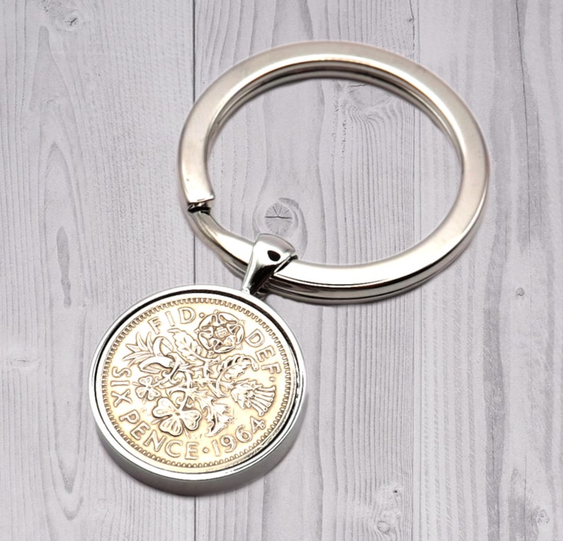 1964 Silver Sixpence Coin Keychain Mens 60 Years Birthday Gift Keyring ...