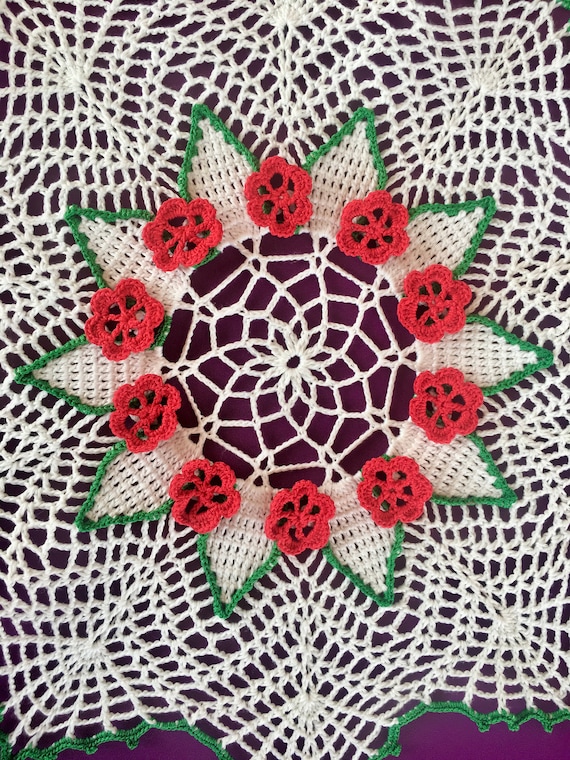 Round White Doily with Embroidered Red Flowers Handmade Doily with Edge ...