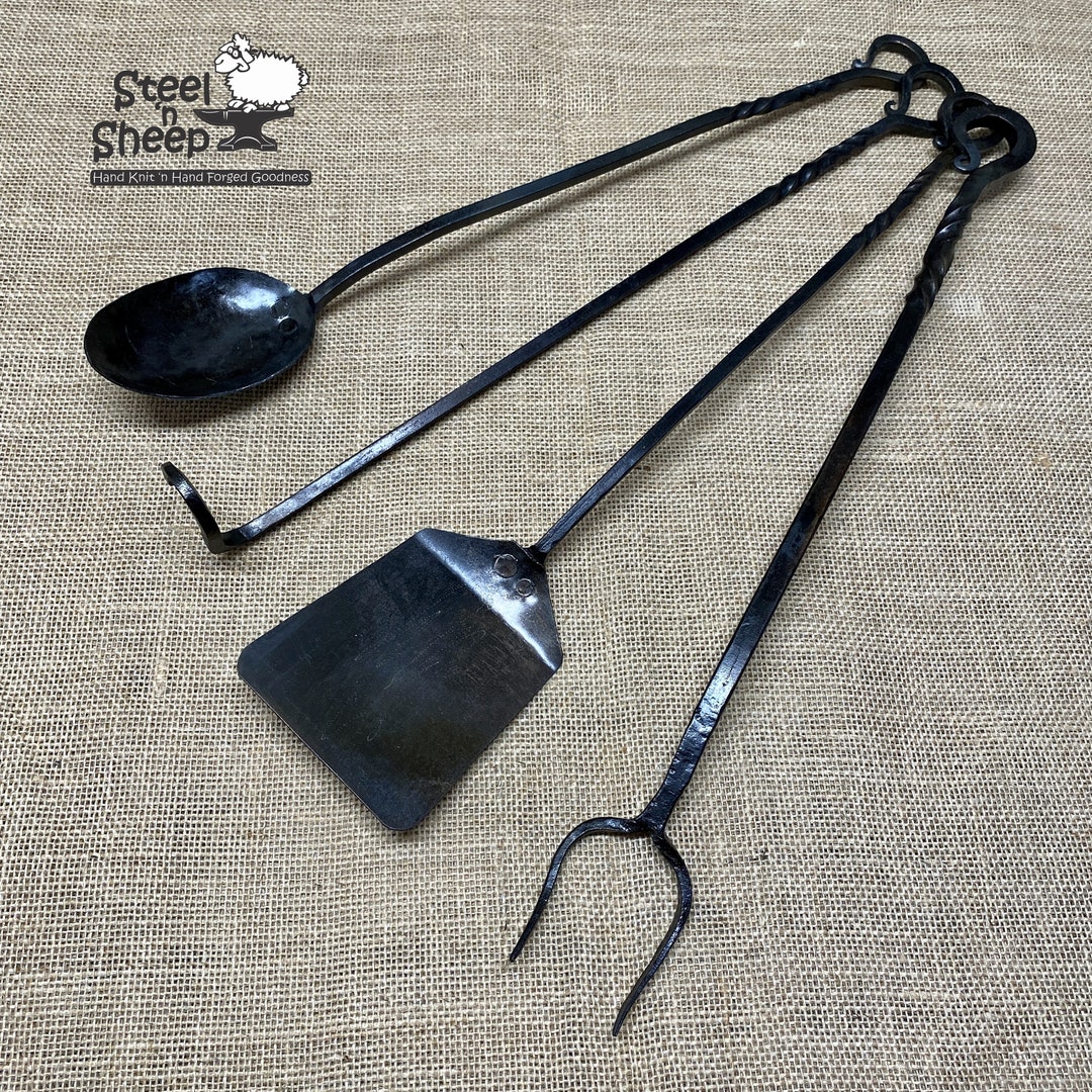 BBQ Flipper, Spatula, Fork, and Spoon, Hand Forged 4 Piece Grilling Set ...