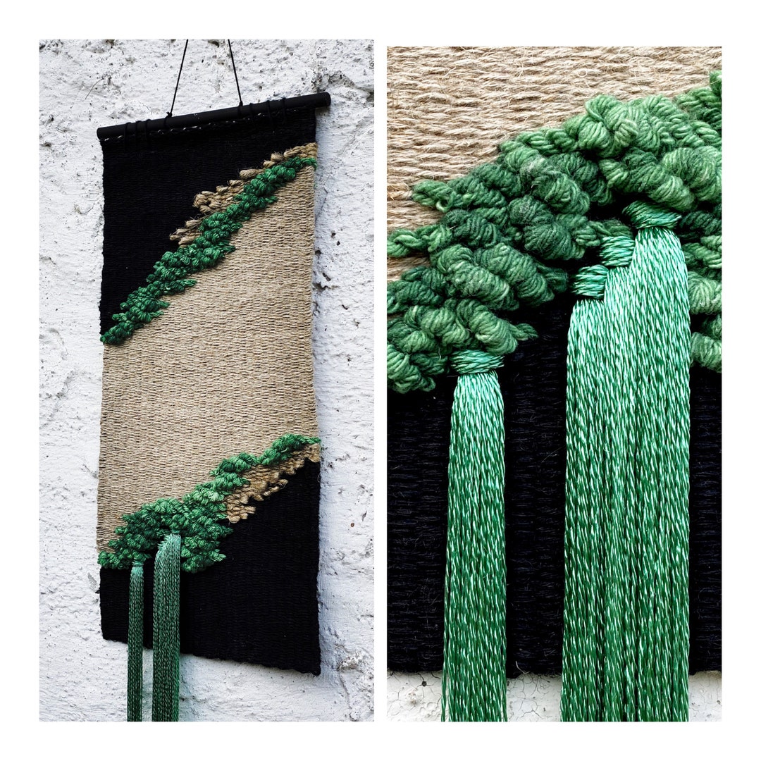 Black Fiber Art Woven Wall Decor, Textile Handwoven Wall Art, Green ...