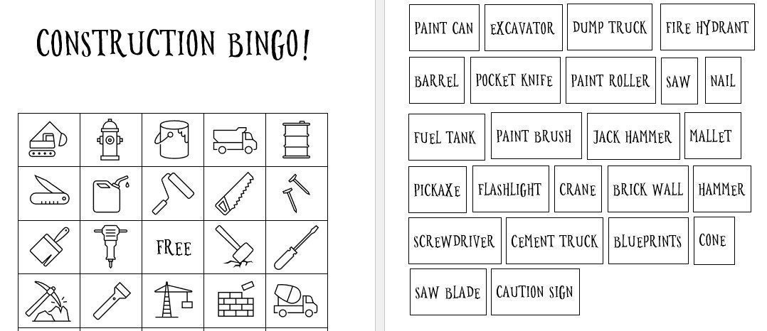 PRINTABLE Construction Bingo Coloring Cards, Construction Bingo, Bingo ...
