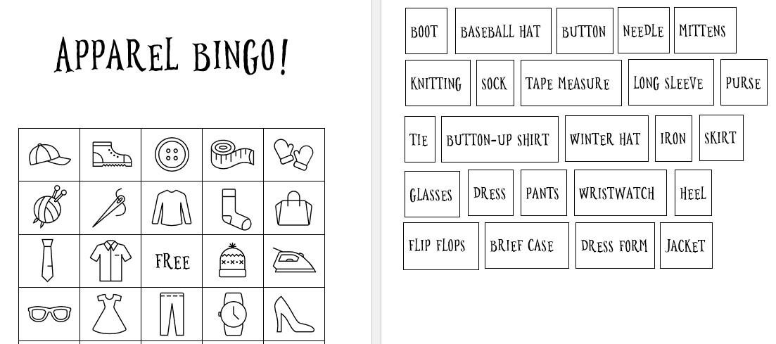 Tarjetas para colorear de bingo de ropa IMPRIMIBLE, Bingo de ropa ...