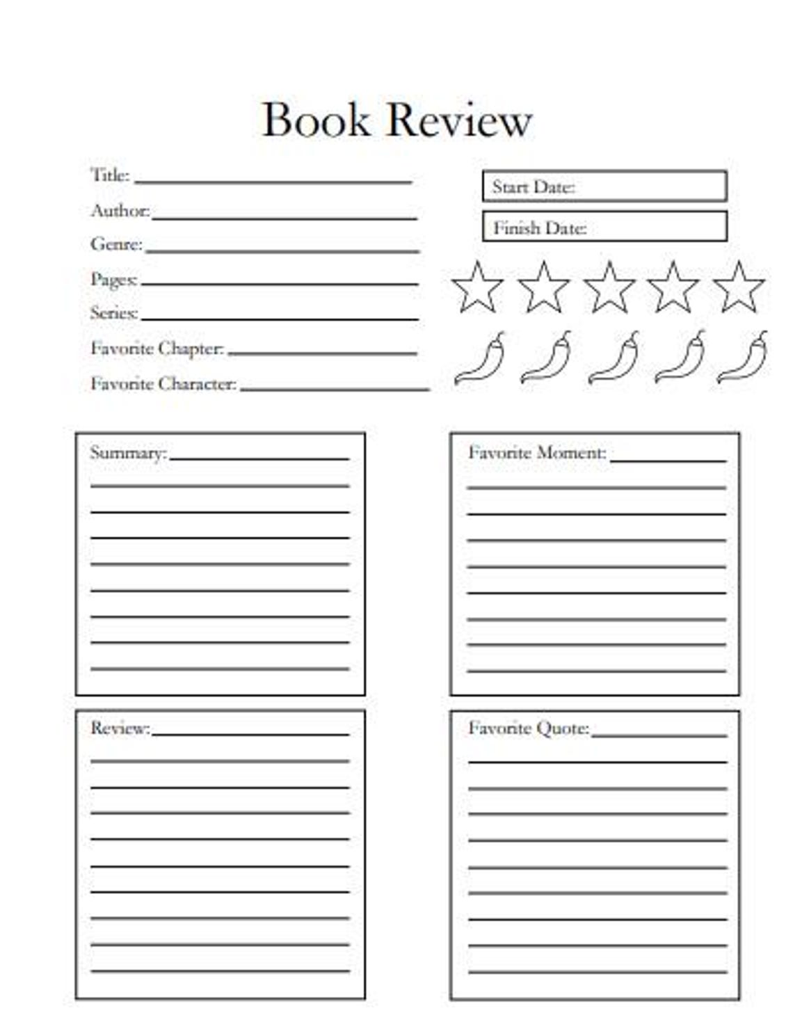PRINTABLE Book Review Template Page 8.5 X 11 Paper Size - Etsy