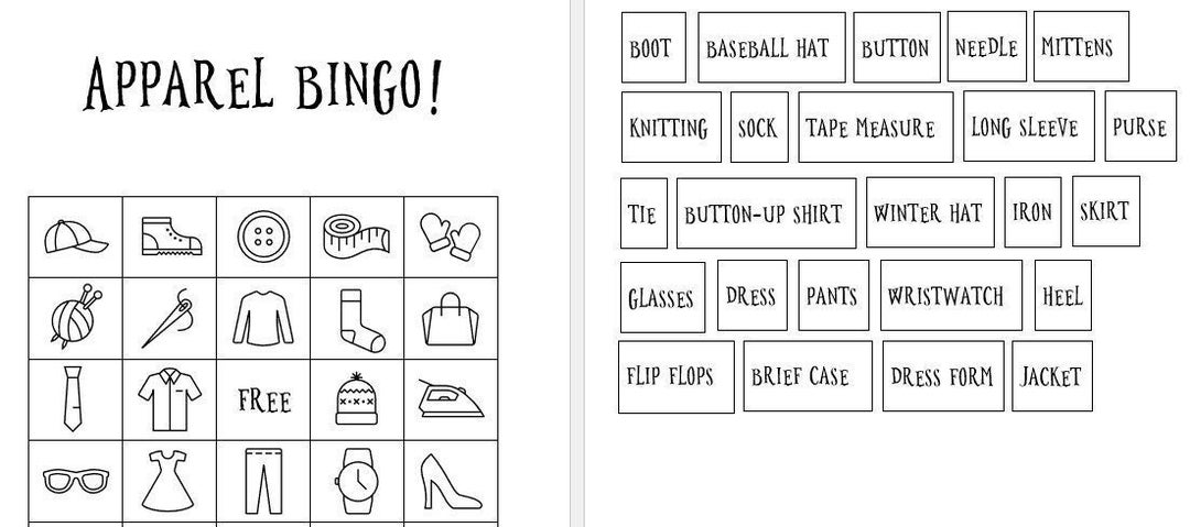 Tarjetas para colorear de bingo de ropa IMPRIMIBLE, Bingo de ropa ...