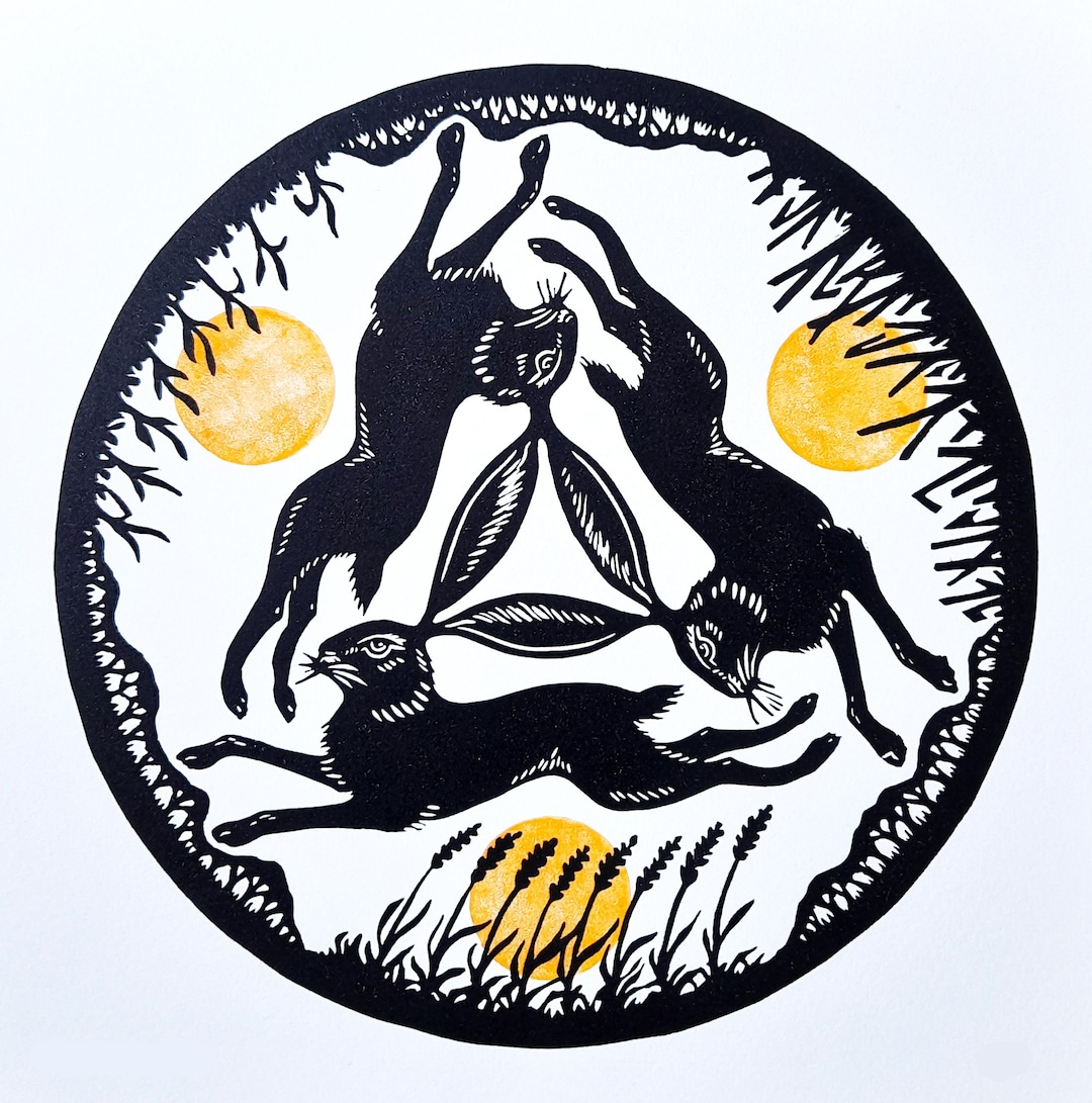 Three Hare, Original Linoprint of Tinners' Rabbits, British Wildlife ...