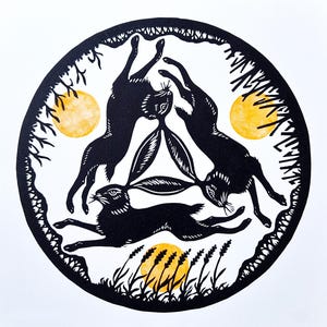 Three Hare, Original Linoprint of Tinners' Rabbits, British Wildlife ...