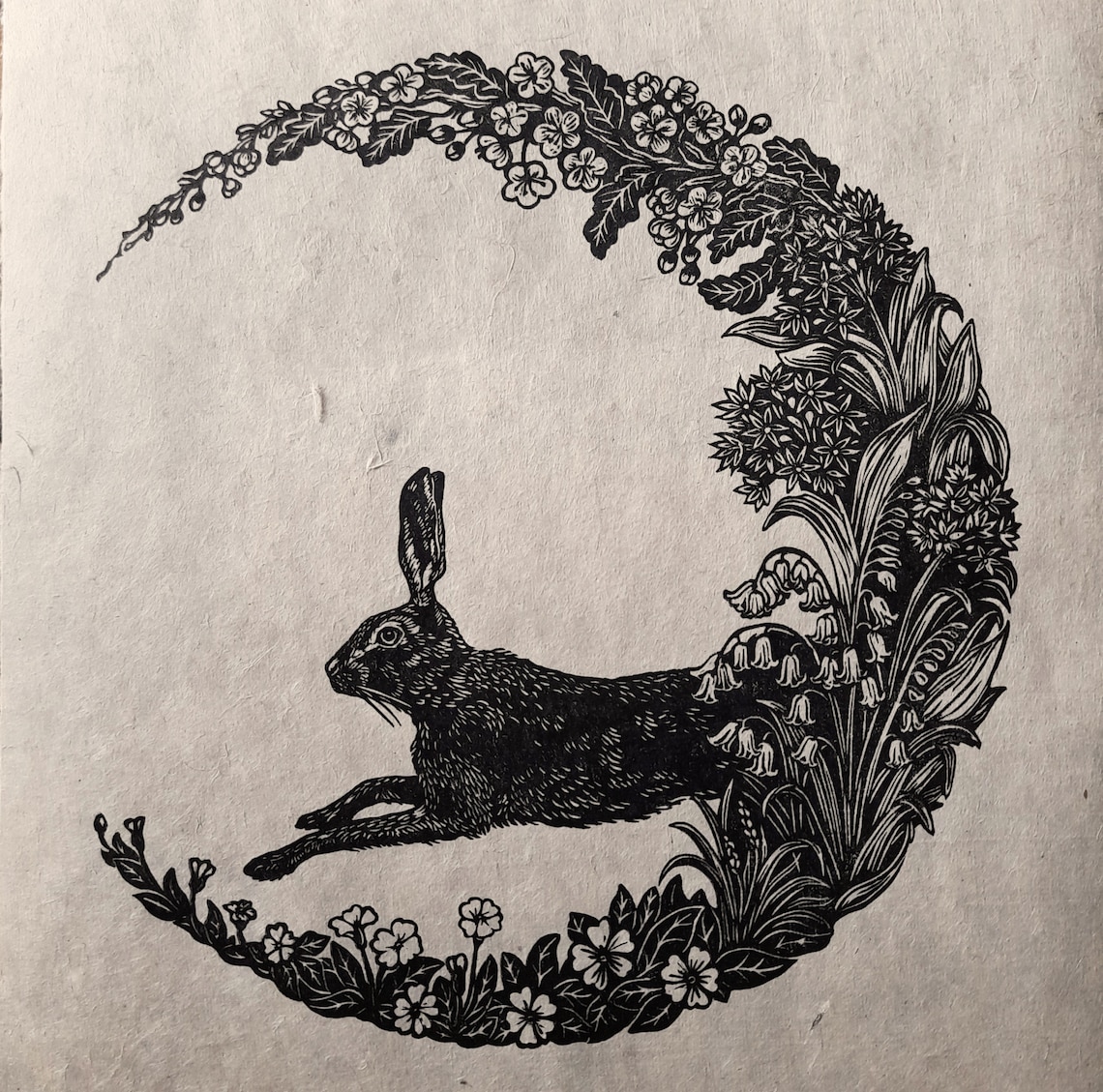 Hare Moon Botanical Spring Limited Edition Linocut 12X12 | Etsy