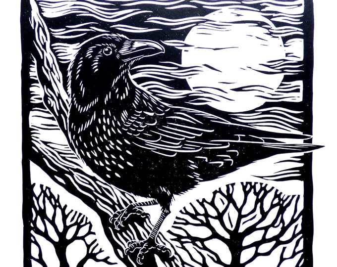 Crow Moon Linocut Print, Original Linoprint, Bird Art, British Wildlife ...