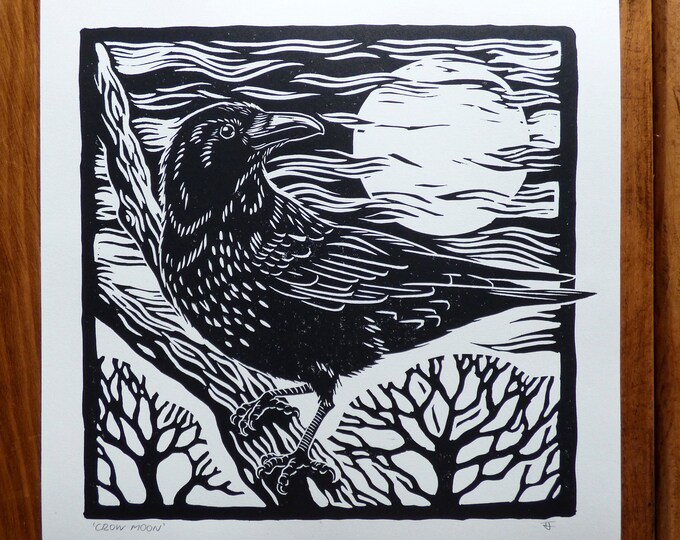 Crow Moon Linocut Print, Original Linoprint, Bird Art, British Wildlife ...