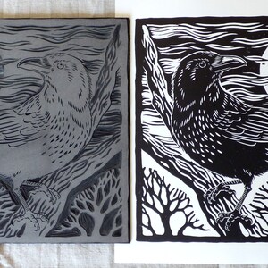 Crow Moon Linocut Print, Original Linoprint, Bird Art, British Wildlife ...