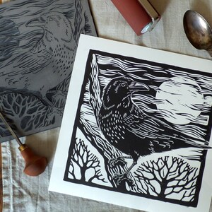Crow Moon Linocut Print, Original Linoprint, Bird Art, British Wildlife ...