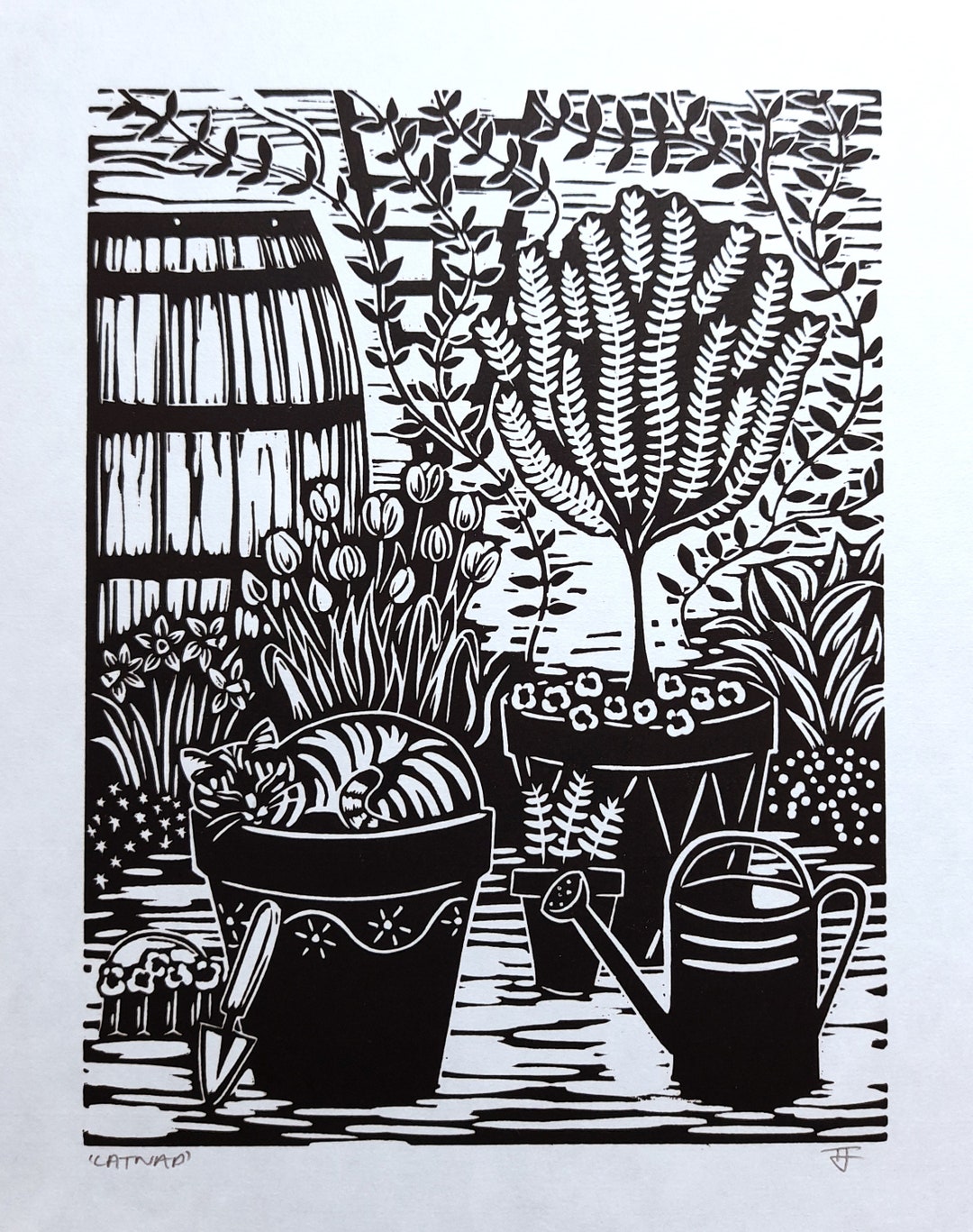 Catnap Linocut Print // Original Lino Print, Sleeping Cat, Garden ...