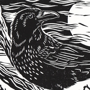Crow Moon Linocut Print, Original Linoprint, Bird Art, British Wildlife ...