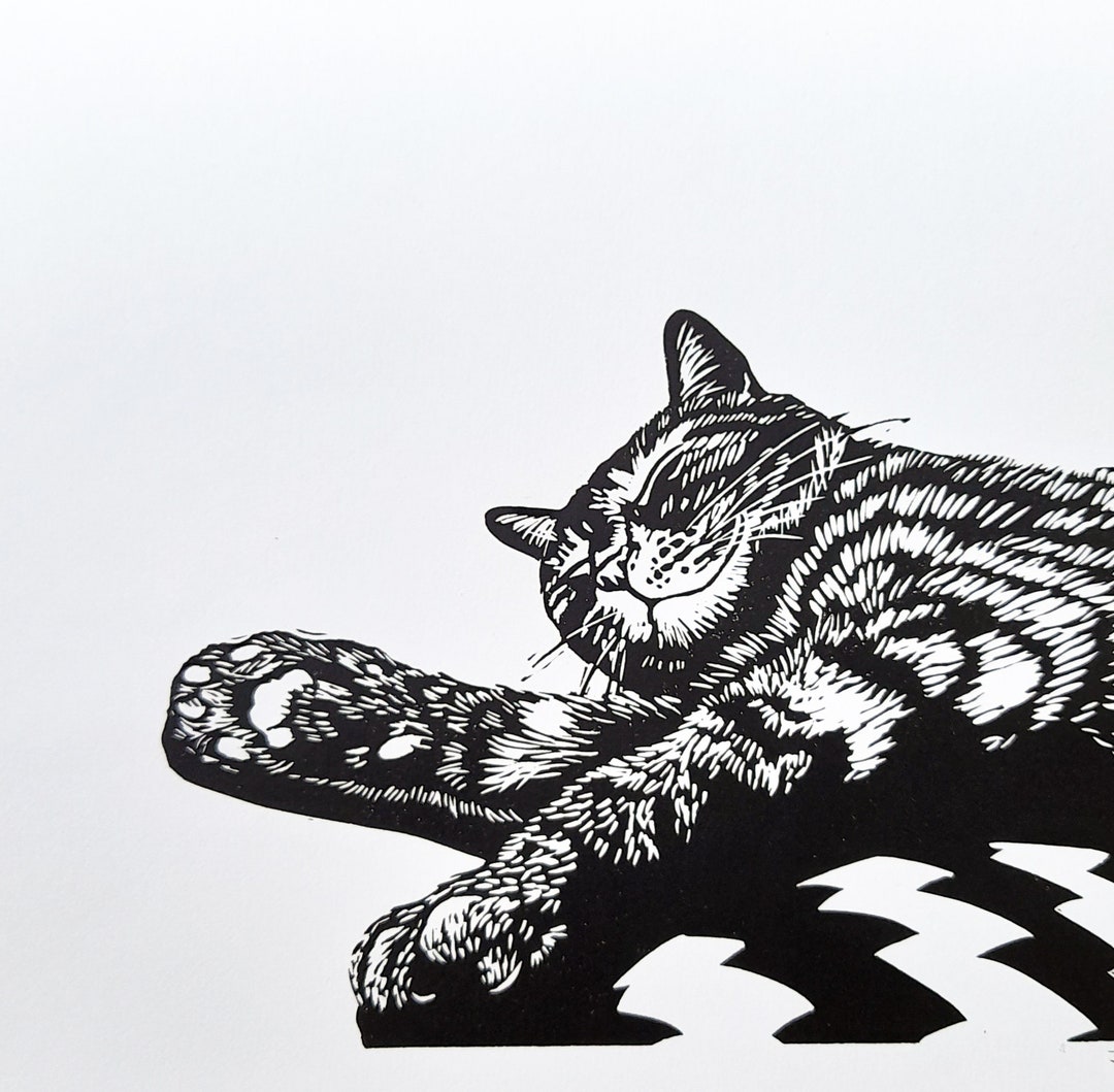 Tabby Cat Linocut Print, Original Linoprint, Sleeping Cat Art, 8x10 - Etsy